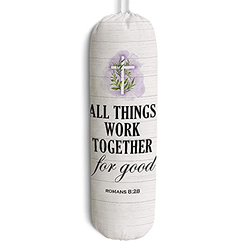 Religious Kitchen Plastic Bag Holder for Garbage Shopping Trash Bags, Bible Prayer Wall Mount Grocery Bag Storage Dispenser Organizer, All Things Work Together for Good, Christian Gift for Women