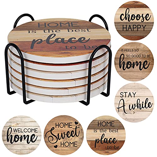 Adorever Coasters for Drinks Absorbent with Holder, 6 Pcs Ceramic Drink Coasters Farmhouse Coasters, Rustic Coasters for Coffee Table Tabletop Protection, Housewarming Gift New Home Decor