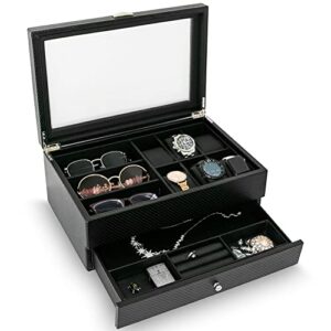 hauterow watch box organizer for men jewelry box, watch case sunglass organizer valet tray mens jewelry organizer holds 6 watches 3 sunglasses