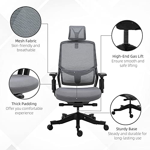 Vinsetto High Back Ergonomic Mesh Office Chair with Adjustable Height, Armrests, Lumbar Support and Headrest, Grey/Black