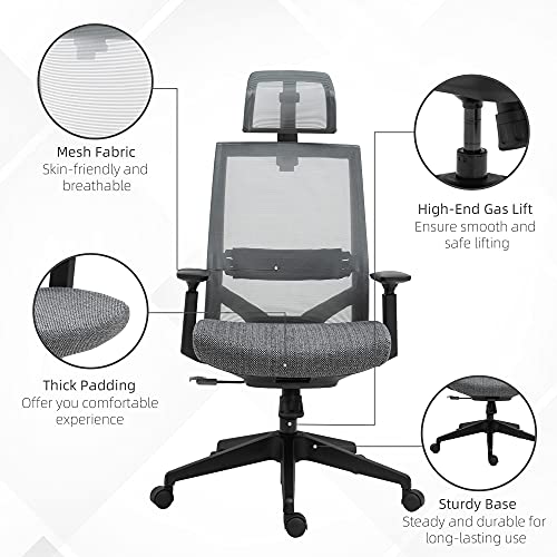 Vinsetto Mesh Fabric Home Office Task Chair with High Back, Adjustable Seat, Recline, Headrest and Lumbar Support, Grey