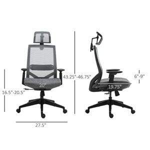 Vinsetto Mesh Fabric Home Office Task Chair with High Back, Adjustable Seat, Recline, Headrest and Lumbar Support, Grey