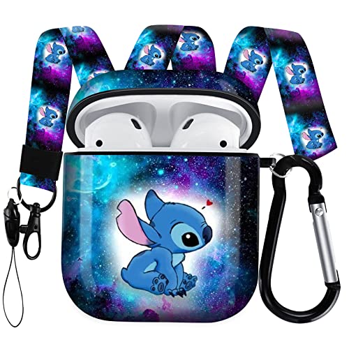 Stitch AirPods Case Protectiv Cover,Fully Protected Shockproof Cartoon case with Keychain Clip Carabiner and Lanyard,Compatible with Apple AirPods 2 and 1 (Star Stitch)