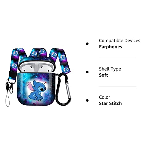 Stitch AirPods Case Protectiv Cover,Fully Protected Shockproof Cartoon case with Keychain Clip Carabiner and Lanyard,Compatible with Apple AirPods 2 and 1 (Star Stitch)