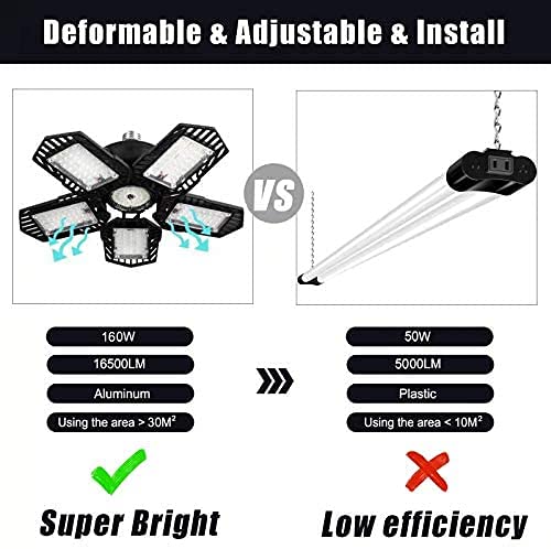 6 Pack LED Garage Lights,160W Deformable Garage Lights 16000Lumens Adjustable LED Garage Lighting,E26 Super Bright LED Garage Light 6000k Nature Light for Garage,Office,Warehouse