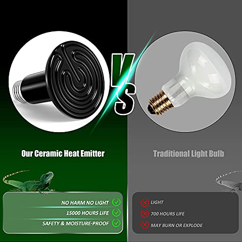 Makmzoon 2-Pack Ceramic Heat Emitter,100W Reptile Heat Lamp Bulb,Reptile Heat Lamp Ceramic Heater for Reptile,Brooder Chicken Coop Chameleon Turtle Birds Snakes