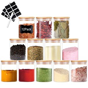 nialnant 12 pcs glass spice jars with bamboo lids, 6oz small glass jars with labels & pen, glass storage jars for kitchen tea coffee sugar nuts