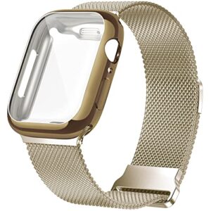 geoumy metal magnetic bands compatible for apple watch band 44mm with case, stainless steel milanese mesh loop replacement strap compatible with iwatch series 8/7/6/5/4/3/2/1 se women men,brown gold