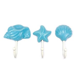 quluxe beach decor 3d seashell conch starfish wall hooks towel rack for bathroom, bedroom or kitchen coastal theme beach house decor- blue (pack of 3)