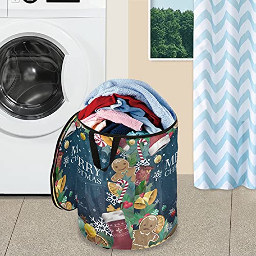 Merry Christmas Pop-Up Laundry Hamper with Lid Zipper Storage Laundry Basket Foldable with Handles for College Students Traveling Camp Laundry