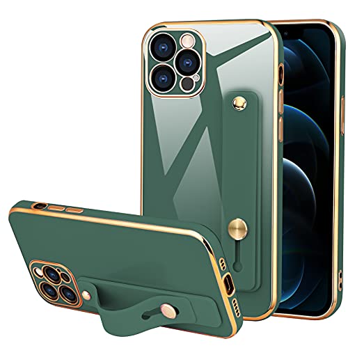 TEAUGHT Case for iPhone 12 Pro Max, Soft TPU Dark Green Plating with Adjustable Wristband Kickstand Slim Thin Cover Anti-Scratch Shockproof Protective Case for Women Girls Men