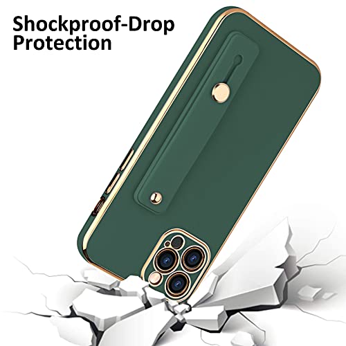 TEAUGHT Case for iPhone 12 Pro Max, Soft TPU Dark Green Plating with Adjustable Wristband Kickstand Slim Thin Cover Anti-Scratch Shockproof Protective Case for Women Girls Men