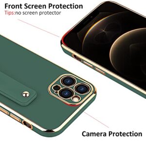 TEAUGHT Case for iPhone 12 Pro Max, Soft TPU Dark Green Plating with Adjustable Wristband Kickstand Slim Thin Cover Anti-Scratch Shockproof Protective Case for Women Girls Men