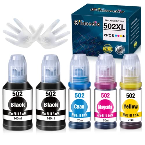 GILIMEDIA Compatible Ink Bottle Replacement for Epson 502 Refill | for Ecotank ET-4760 ET-2760 ET-2750 ET-3760 ET-3750 ET-4750 ET-3830 ET-2850 ST-2000 Printer, 5 Packs(2 Black/Cyan/Magenta/Yellow)