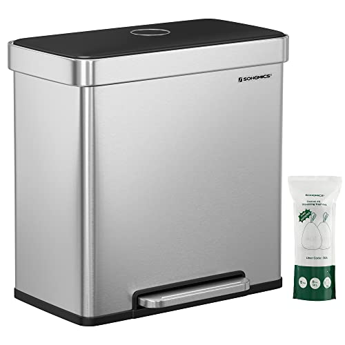 SONGMICS Kitchen Trash Can, 16 Gallons (2 x 8 Gallons) Dual Compartment Garbage Can, 60L Pedal Recycling Bin, Stay-Open Lid and Soft Closure, Stainless Steel, 15 Bags Included, Silver ULTB202E01