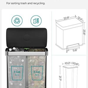 SONGMICS Kitchen Trash Can, 16 Gallons (2 x 8 Gallons) Dual Compartment Garbage Can, 60L Pedal Recycling Bin, Stay-Open Lid and Soft Closure, Stainless Steel, 15 Bags Included, Silver ULTB202E01