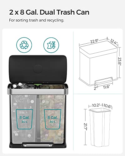 SONGMICS Kitchen Trash Can, 16 Gallons (2 x 8 Gallons) Dual Compartment Garbage Can, 60L Pedal Recycling Bin, Stay-Open Lid and Soft Closure, Stainless Steel, 15 Bags Included, Silver ULTB202E01