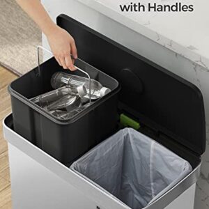 SONGMICS Kitchen Trash Can, 16 Gallons (2 x 8 Gallons) Dual Compartment Garbage Can, 60L Pedal Recycling Bin, Stay-Open Lid and Soft Closure, Stainless Steel, 15 Bags Included, Silver ULTB202E01