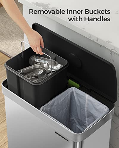 SONGMICS Kitchen Trash Can, 16 Gallons (2 x 8 Gallons) Dual Compartment Garbage Can, 60L Pedal Recycling Bin, Stay-Open Lid and Soft Closure, Stainless Steel, 15 Bags Included, Silver ULTB202E01