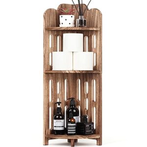 meangood bathroom corner shelf stand, 3 tier solid wood display shelf for narrow space, shower corner shelf, plant stand nightstand, for living room, bedroom, home office, elegant carbonized black