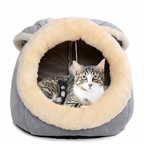 Beds for Indoor Cats/ Small Dog with Anti-Slip Bottom, Rabbit-Shaped Cat Cave with Hanging Toy, Puppy Bed with Removable Cotton Pad, Super Soft Calming Pet Sofa Bed (Grey Large)