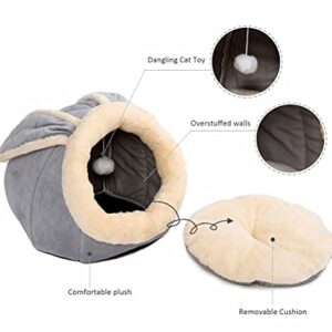 Beds for Indoor Cats/ Small Dog with Anti-Slip Bottom, Rabbit-Shaped Cat Cave with Hanging Toy, Puppy Bed with Removable Cotton Pad, Super Soft Calming Pet Sofa Bed (Grey Large)