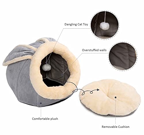 Beds for Indoor Cats/ Small Dog with Anti-Slip Bottom, Rabbit-Shaped Cat Cave with Hanging Toy, Puppy Bed with Removable Cotton Pad, Super Soft Calming Pet Sofa Bed (Grey Large)