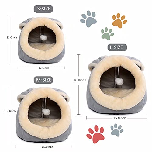 Beds for Indoor Cats/ Small Dog with Anti-Slip Bottom, Rabbit-Shaped Cat Cave with Hanging Toy, Puppy Bed with Removable Cotton Pad, Super Soft Calming Pet Sofa Bed (Grey Large)