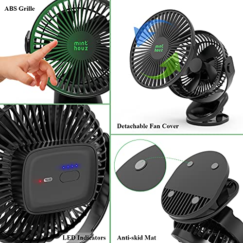 Minthouz Clip on Fan, 4000mAh Portable Fan Rechargeable Battery Operated Fan, Upgraded Quieter & Stronger Wind Personal Fan, 4 Speeds Desk Fan with Clamp,Mini Fan for Baby Stroller Bedroom Home Office