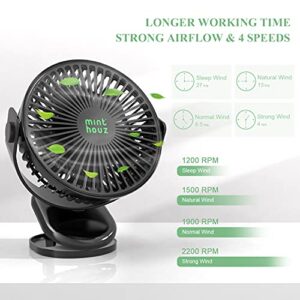 Minthouz Clip on Fan, 4000mAh Portable Fan Rechargeable Battery Operated Fan, Upgraded Quieter & Stronger Wind Personal Fan, 4 Speeds Desk Fan with Clamp,Mini Fan for Baby Stroller Bedroom Home Office