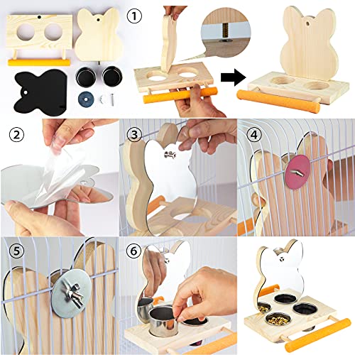 PANQIAGU Parrot Mirror Toy with Stainless Steel Feeding Cups Bird Wooden Frames with Cage Perch for Small Parakeets, Cockatiels, Conures, Finches,Budgie,Macaws, Parrots, Love Birds