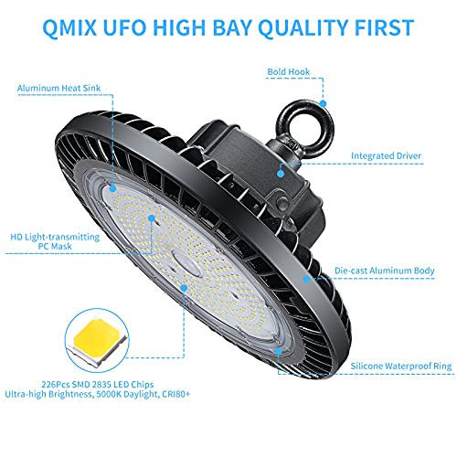 Qmix LED High Bay Light 150W 22,500LM UFO High Bay Light DLC/ETL Listed, 5000K Daylight, 600W MH Replacement, Commercial Bay Lighting Non-Dimmer