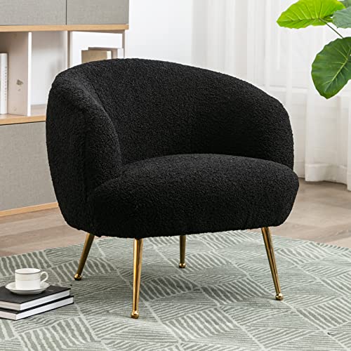 DUOMAY Modern Sherpa Accent Chair Armchair Upholstered Barrel Chair with Golden Legs Comfy Lounge Chair Single Sofa Club Chair for Living Room Bedroom Office, Black