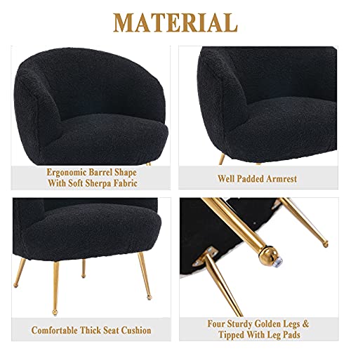 DUOMAY Modern Sherpa Accent Chair Armchair Upholstered Barrel Chair with Golden Legs Comfy Lounge Chair Single Sofa Club Chair for Living Room Bedroom Office, Black