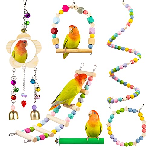 PANQIAGU 6 Pcs Bird Parrot Toys, Hanging Bell Pet Bird Cage Hammock Swing Toy Wooden Perch Chewing Toy for Small Parrots, Conures, Love Birds, Small Parakeets Cockatiels, Macaws, Finches