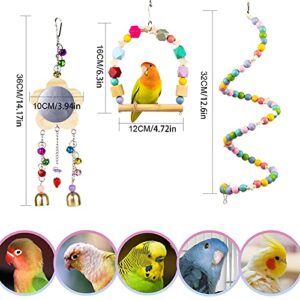 PANQIAGU 6 Pcs Bird Parrot Toys, Hanging Bell Pet Bird Cage Hammock Swing Toy Wooden Perch Chewing Toy for Small Parrots, Conures, Love Birds, Small Parakeets Cockatiels, Macaws, Finches