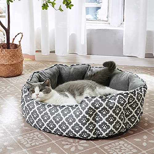 LUCKITTY 25 Inch Large Cat Bed,Soft Velvet & Waterproof Oxford Two-Sided Cushion, Easy Washable,Oval Geometric Pet Beds for Indoor Big Cats or Small Dogs, Grey Footprints Pattern