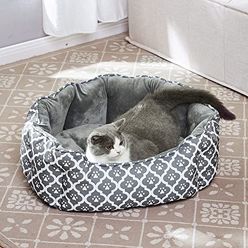 LUCKITTY 25 Inch Large Cat Bed,Soft Velvet & Waterproof Oxford Two-Sided Cushion, Easy Washable,Oval Geometric Pet Beds for Indoor Big Cats or Small Dogs, Grey Footprints Pattern