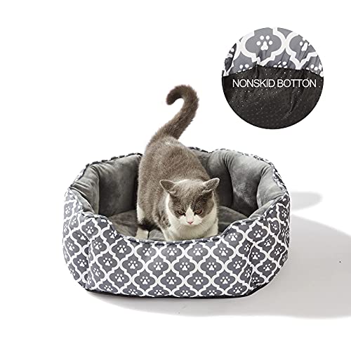 LUCKITTY 25 Inch Large Cat Bed,Soft Velvet & Waterproof Oxford Two-Sided Cushion, Easy Washable,Oval Geometric Pet Beds for Indoor Big Cats or Small Dogs, Grey Footprints Pattern