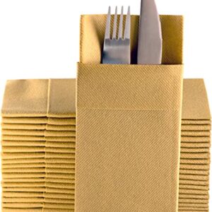 Gold Dinner Napkins Cloth Like with Built-in Flatware Pocket, Linen-Feel Absorbent Disposable Paper Hand Napkins for Kitchen, Bathroom, Parties, Weddings, Dinners or Events, Pack of 50