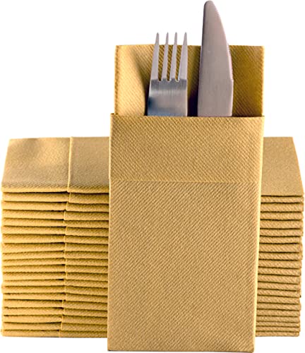 Gold Dinner Napkins Cloth Like with Built-in Flatware Pocket, Linen-Feel Absorbent Disposable Paper Hand Napkins for Kitchen, Bathroom, Parties, Weddings, Dinners or Events, Pack of 50