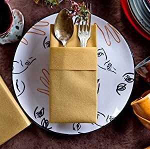 Gold Dinner Napkins Cloth Like with Built-in Flatware Pocket, Linen-Feel Absorbent Disposable Paper Hand Napkins for Kitchen, Bathroom, Parties, Weddings, Dinners or Events, Pack of 50