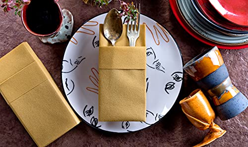 Gold Dinner Napkins Cloth Like with Built-in Flatware Pocket, Linen-Feel Absorbent Disposable Paper Hand Napkins for Kitchen, Bathroom, Parties, Weddings, Dinners or Events, Pack of 50