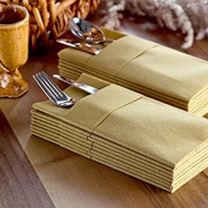 Gold Dinner Napkins Cloth Like with Built-in Flatware Pocket, Linen-Feel Absorbent Disposable Paper Hand Napkins for Kitchen, Bathroom, Parties, Weddings, Dinners or Events, Pack of 50