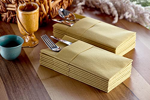 Gold Dinner Napkins Cloth Like with Built-in Flatware Pocket, Linen-Feel Absorbent Disposable Paper Hand Napkins for Kitchen, Bathroom, Parties, Weddings, Dinners or Events, Pack of 50