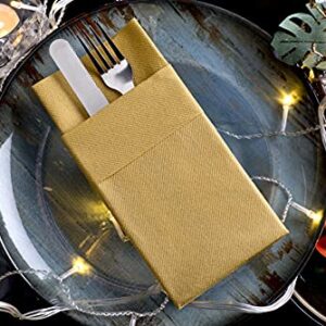 Gold Dinner Napkins Cloth Like with Built-in Flatware Pocket, Linen-Feel Absorbent Disposable Paper Hand Napkins for Kitchen, Bathroom, Parties, Weddings, Dinners or Events, Pack of 50