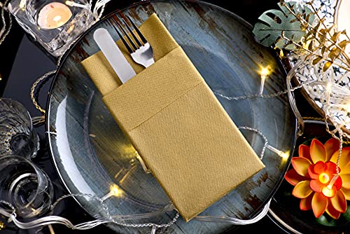 Gold Dinner Napkins Cloth Like with Built-in Flatware Pocket, Linen-Feel Absorbent Disposable Paper Hand Napkins for Kitchen, Bathroom, Parties, Weddings, Dinners or Events, Pack of 50