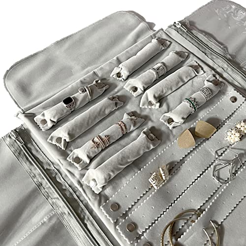 UnionPlus Velvet Travel Jewelry Case Roll Bag Organizer for Necklace Bracelet Earrings Ring, 6 PVC Pockets, Black+ Grey Upgrade Version