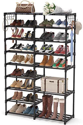 Tribesigns Shoe Rack Organizer, 32-40 Pairs Shoe Storage Shelf, 9 Tiers Shoe Stand, Shoe Rack for Closet, Boot Organizer with 2 Hooks, Stackable Shoe Tower