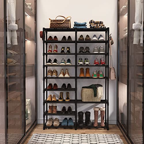 Tribesigns Shoe Rack Organizer, 32-40 Pairs Shoe Storage Shelf, 9 Tiers Shoe Stand, Shoe Rack for Closet, Boot Organizer with 2 Hooks, Stackable Shoe Tower